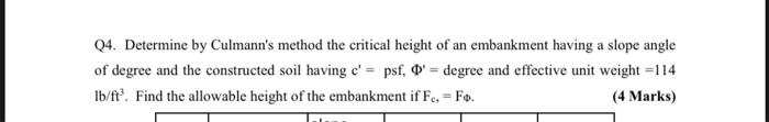 Solved Q4. Determine by Culmann's method the critical height | Chegg.com
