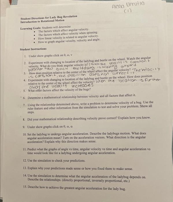 Solved Student Directions for Lady Bug Revolution | Chegg.com