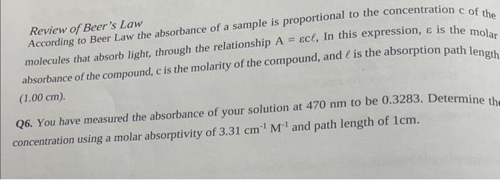Solved Review of Beer's Law According to Beer Law the | Chegg.com