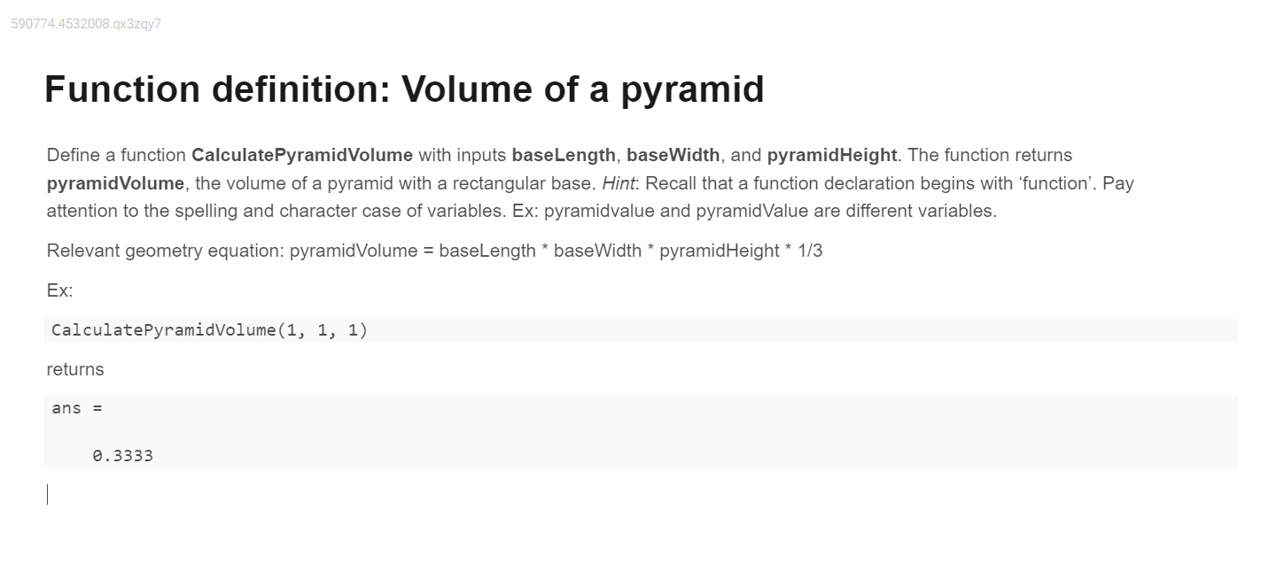 Solved Function definition: Volume of a pyramid Function | Chegg.com
