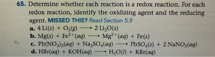 Solved 65. Determine whether each reaction is a redox | Chegg.com