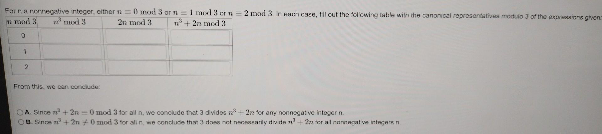 Solved For n a nonnegative integer, either n≡0mod3 or | Chegg.com