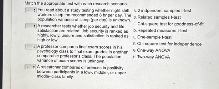 Solved Match the appropriate test with each research | Chegg.com