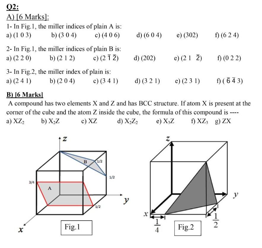 Solved Q2: A) [6 Marks]: 1- In Fig. 1, the miller indices of | Chegg.com