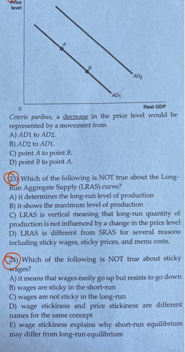 Solved Price level AD1 Real GDP Ceteris paribus, a decrease | Chegg.com