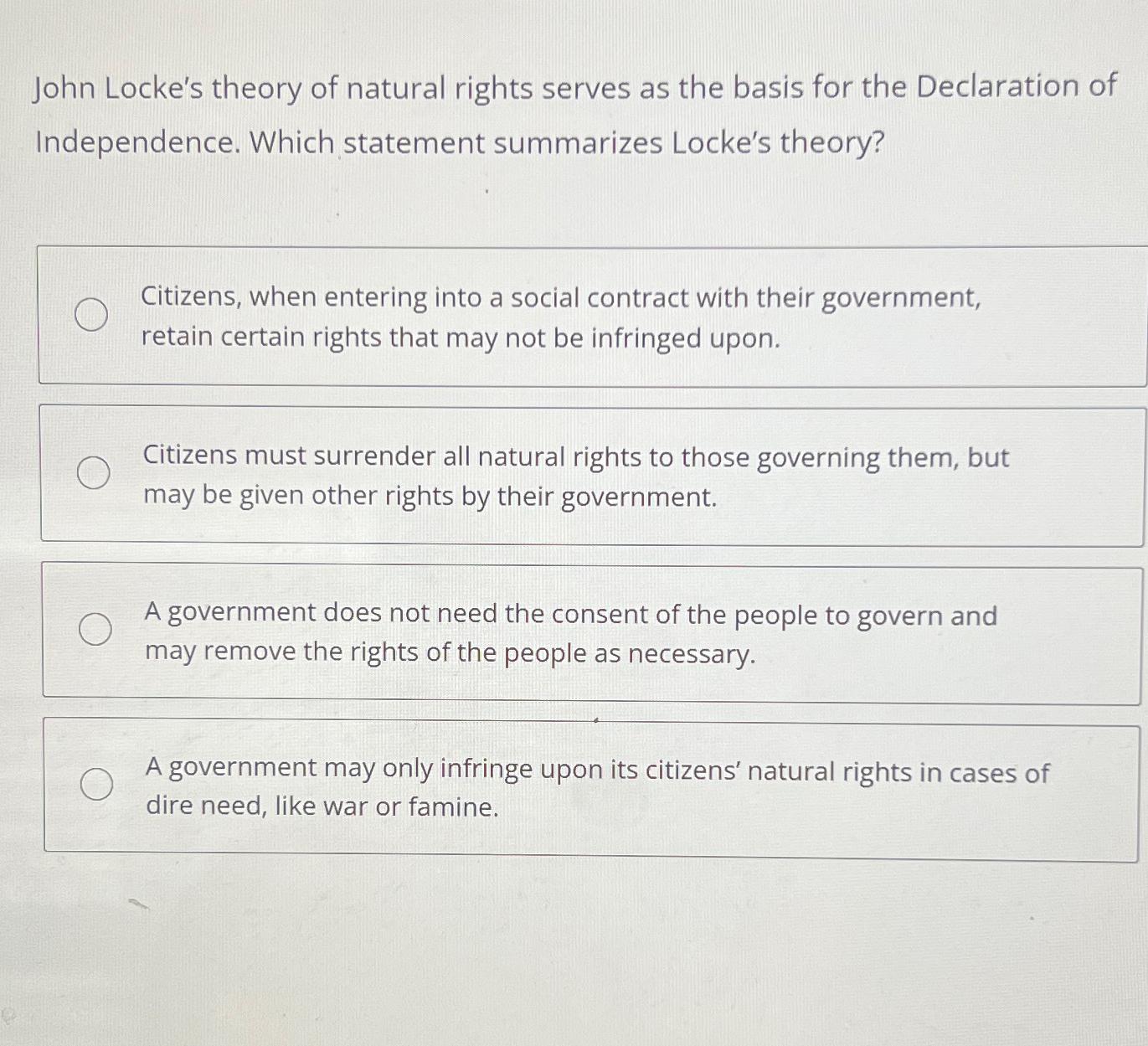 Solved John Locke's theory of natural rights serves as the | Chegg.com