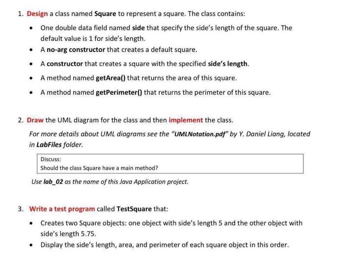 Solved . 1. Design a class named Square to represent a | Chegg.com