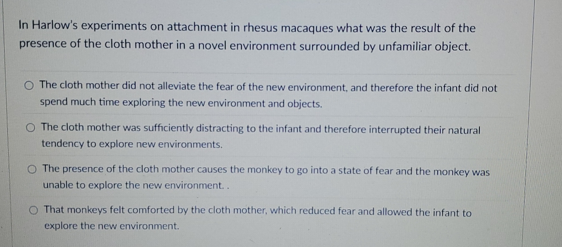 Solved In Harlow's experiments on attachment in rhesus | Chegg.com