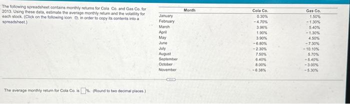 Solved The following spreadsheet contains monthly returns | Chegg.com