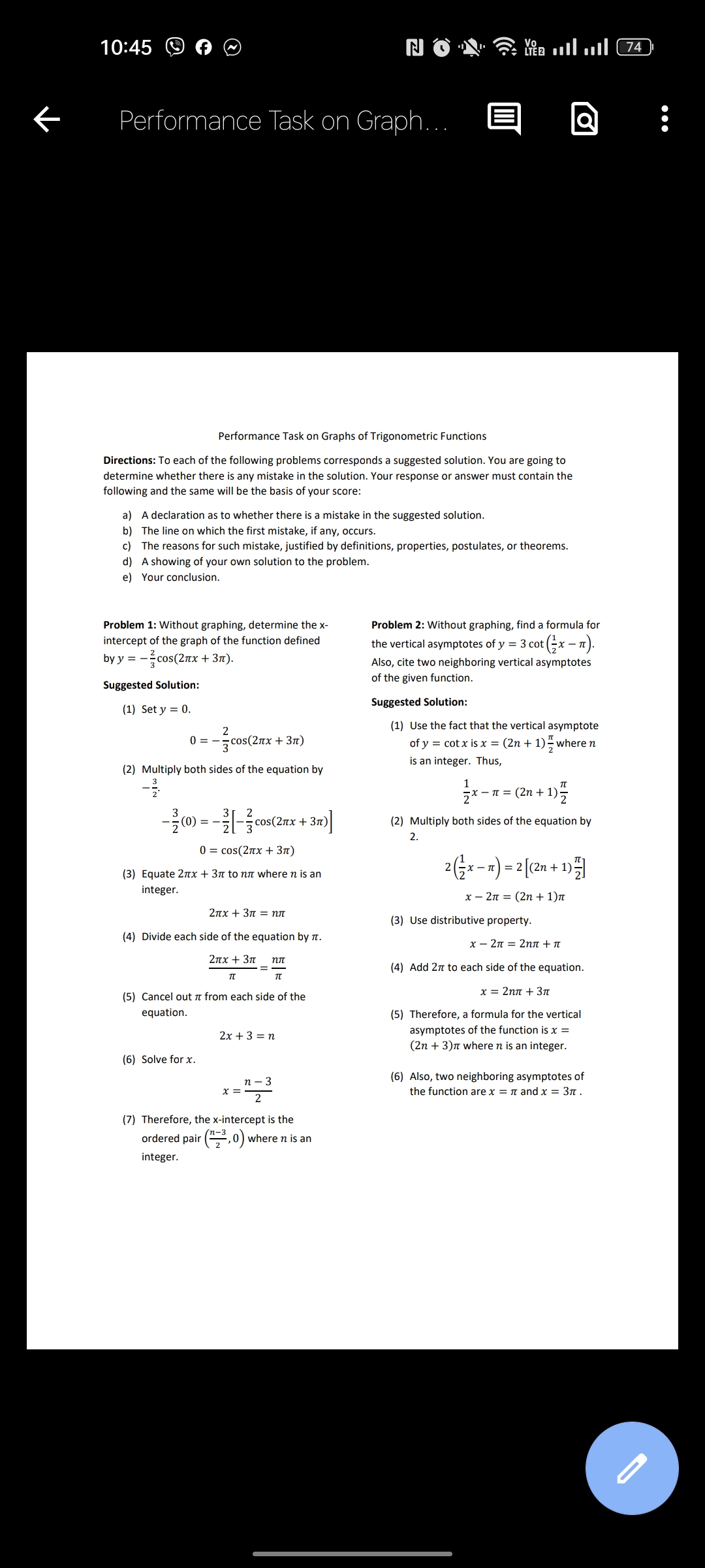 Performance Task on Graphs of Trigonometric | Chegg.com