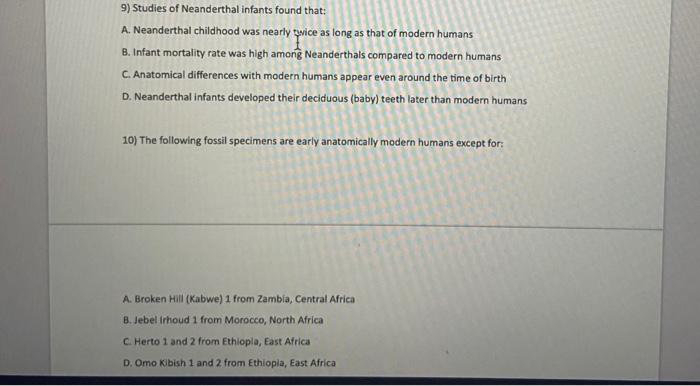 Solved 9) Studies of Neanderthal infants found that: A. | Chegg.com