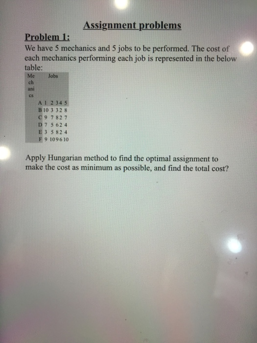 Solved Assignment problems Problem 1: We have 5 mechanics | Chegg.com