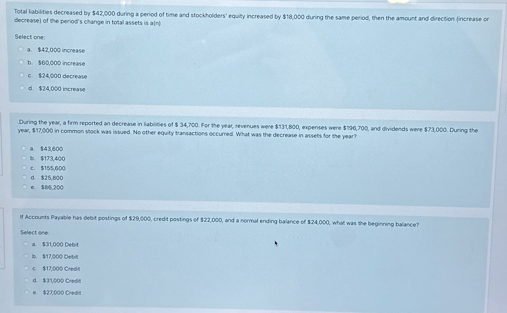 Solved Total liabilities decreased by $42,000 ﻿during a | Chegg.com