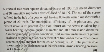 Solved A vertical two start square threaded screw of 100mm | Chegg.com