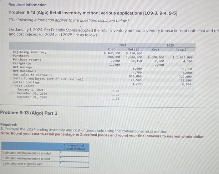 Solved Required information Problem 9−13 (Algo) Retail | Chegg.com