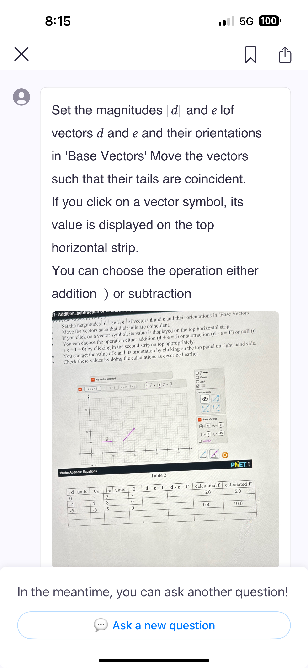 8:155G100Set the magnitudes |d| ﻿and e ﻿lof vectors d | Chegg.com