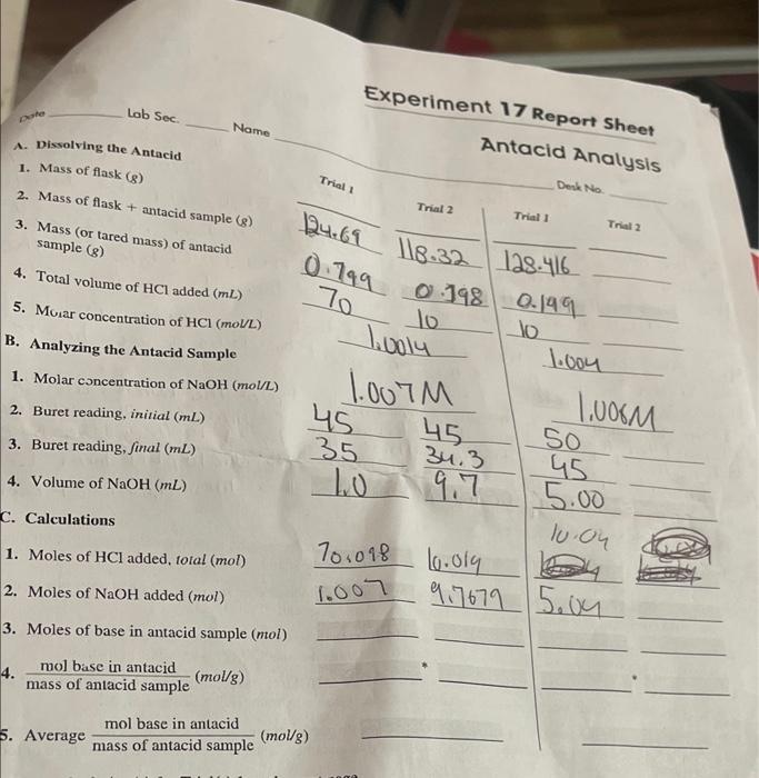 Solved Lab Sec. Name A. Dissolving the Antacid Antacid | Chegg.com