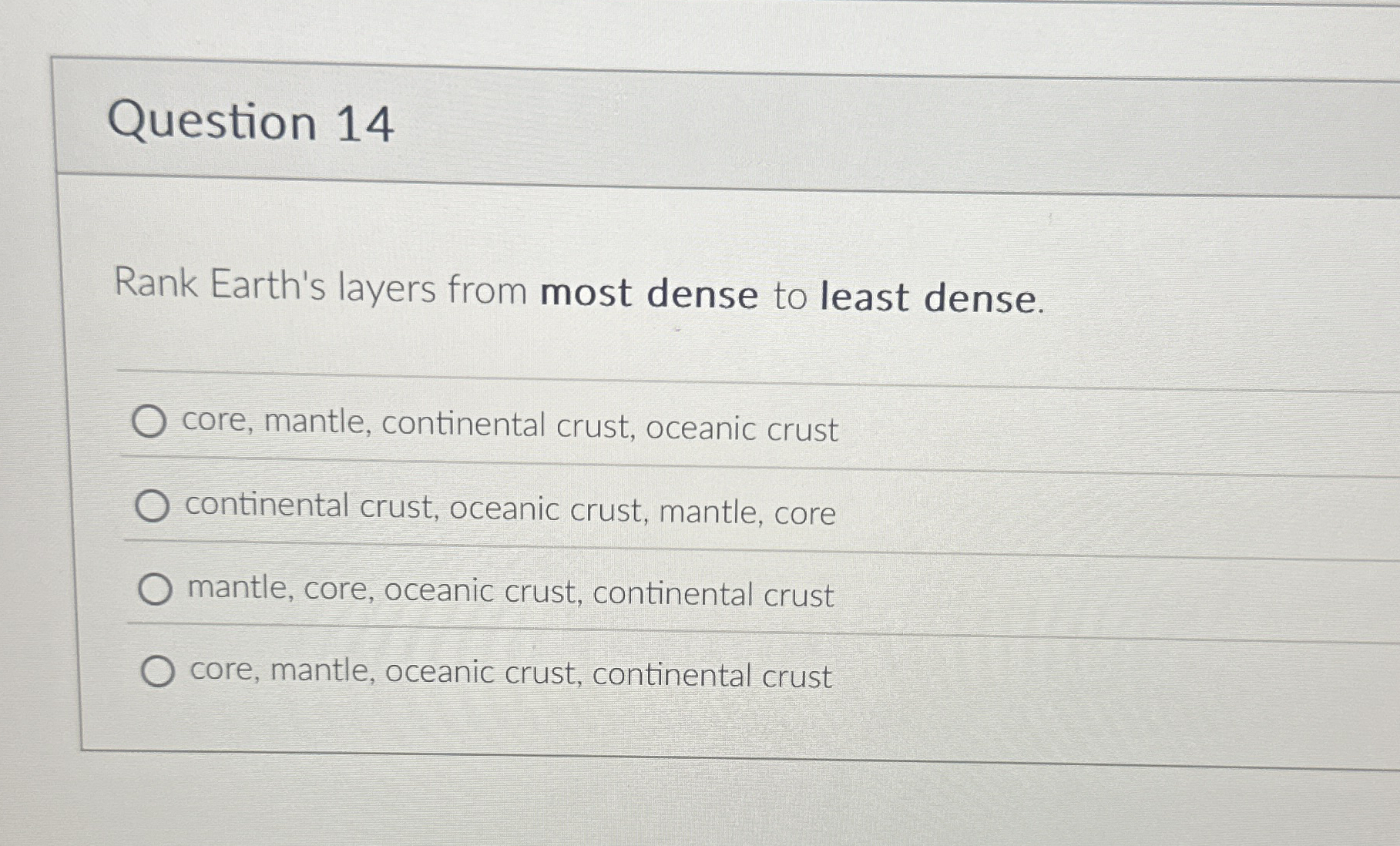 Solved Question 14Rank Earth's layers from most dense to | Chegg.com