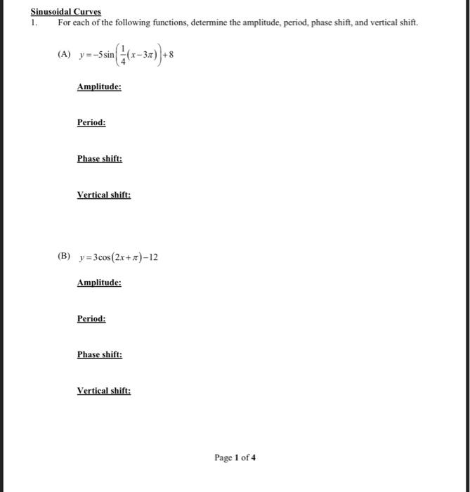 Solved Sinusoidal Curves 1. For each of the following | Chegg.com