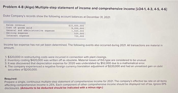 Solved Problem 4-8 (Algo) Multiple-step statement of income | Chegg.com