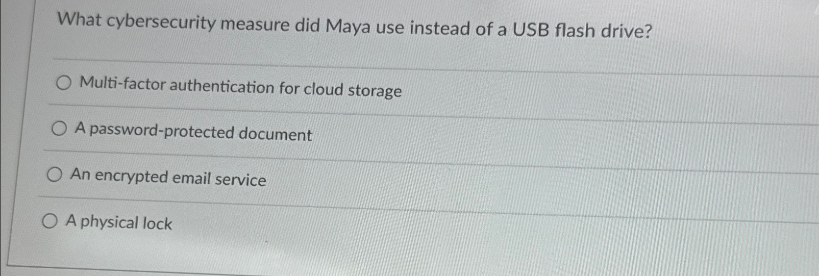 Solved What cybersecurity measure did Maya use instead of a | Chegg.com