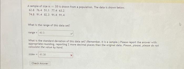 Solved A sample of size n=10 is drawn from a population. The | Chegg.com