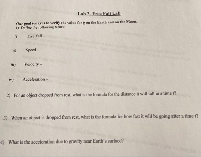Solved Lab 2- Free Fall Lab Our goal today is to verify the | Chegg.com