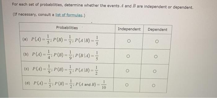 Solved For each set of probabilities, determine whether the | Chegg.com