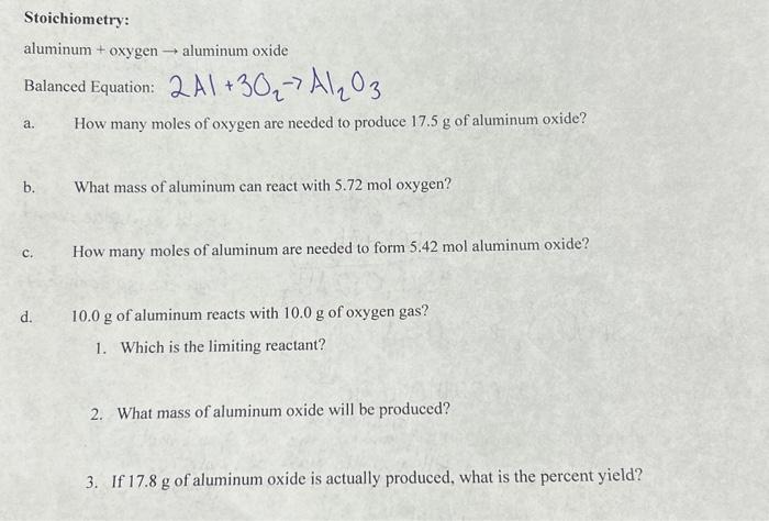 Solved aluminum + oxygen → aluminum oxide Balanced Equation: | Chegg.com
