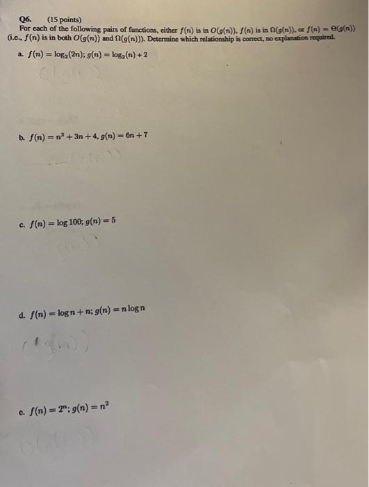 Solved Q6. (15 points) For each of the following pairs of | Chegg.com