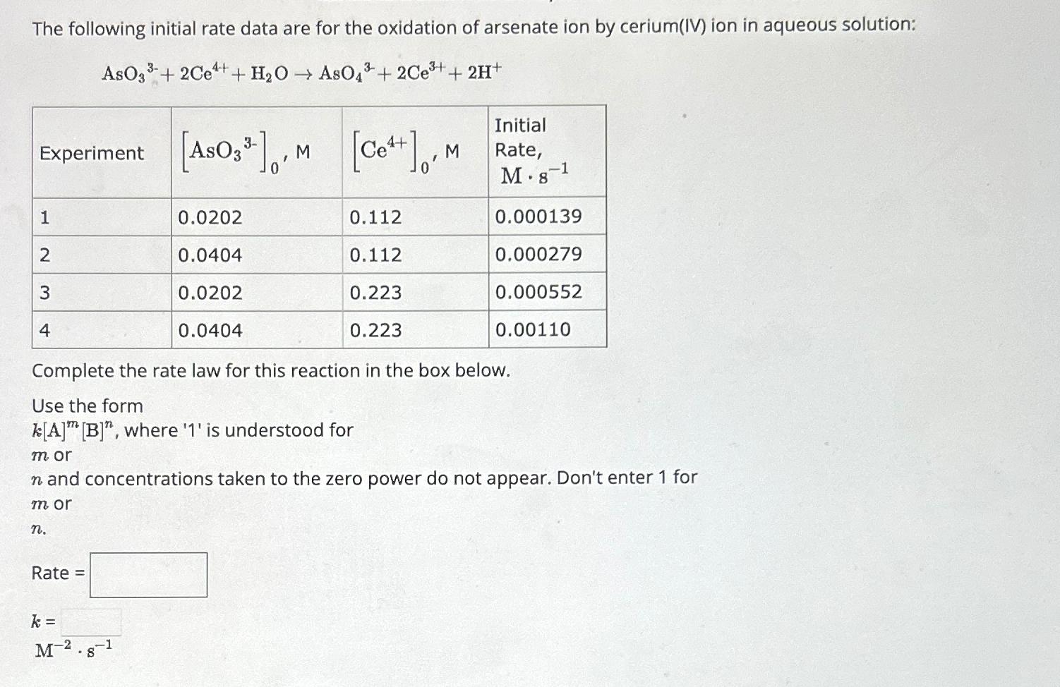 Solved The following initial rate data are for the oxidation | Chegg.com