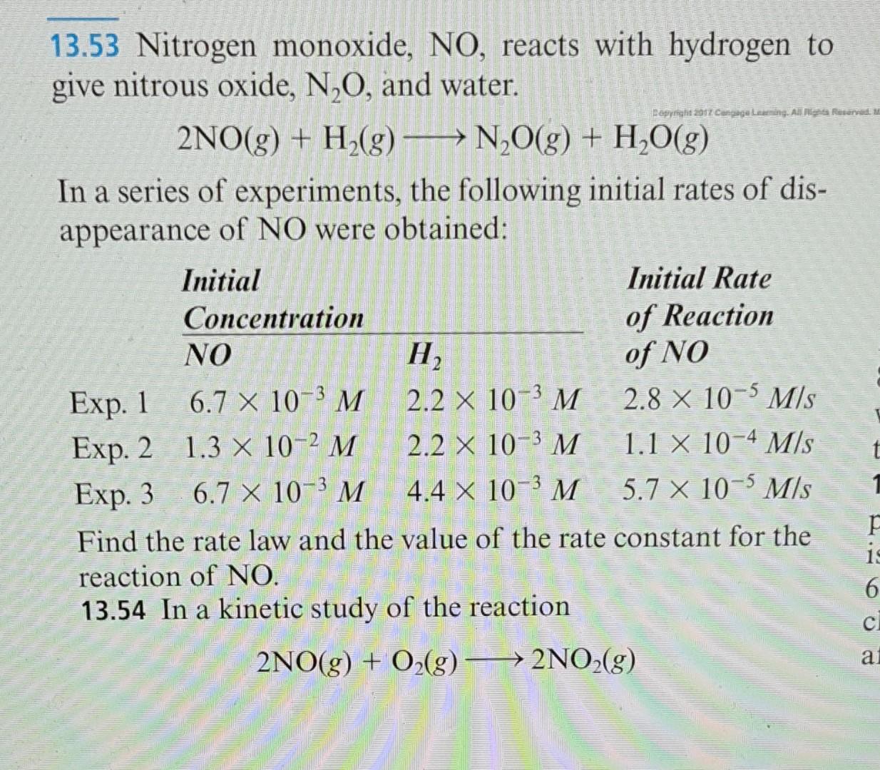 Solved 13.53 Nitrogen monoxide, NO, reacts with hydrogen to | Chegg.com