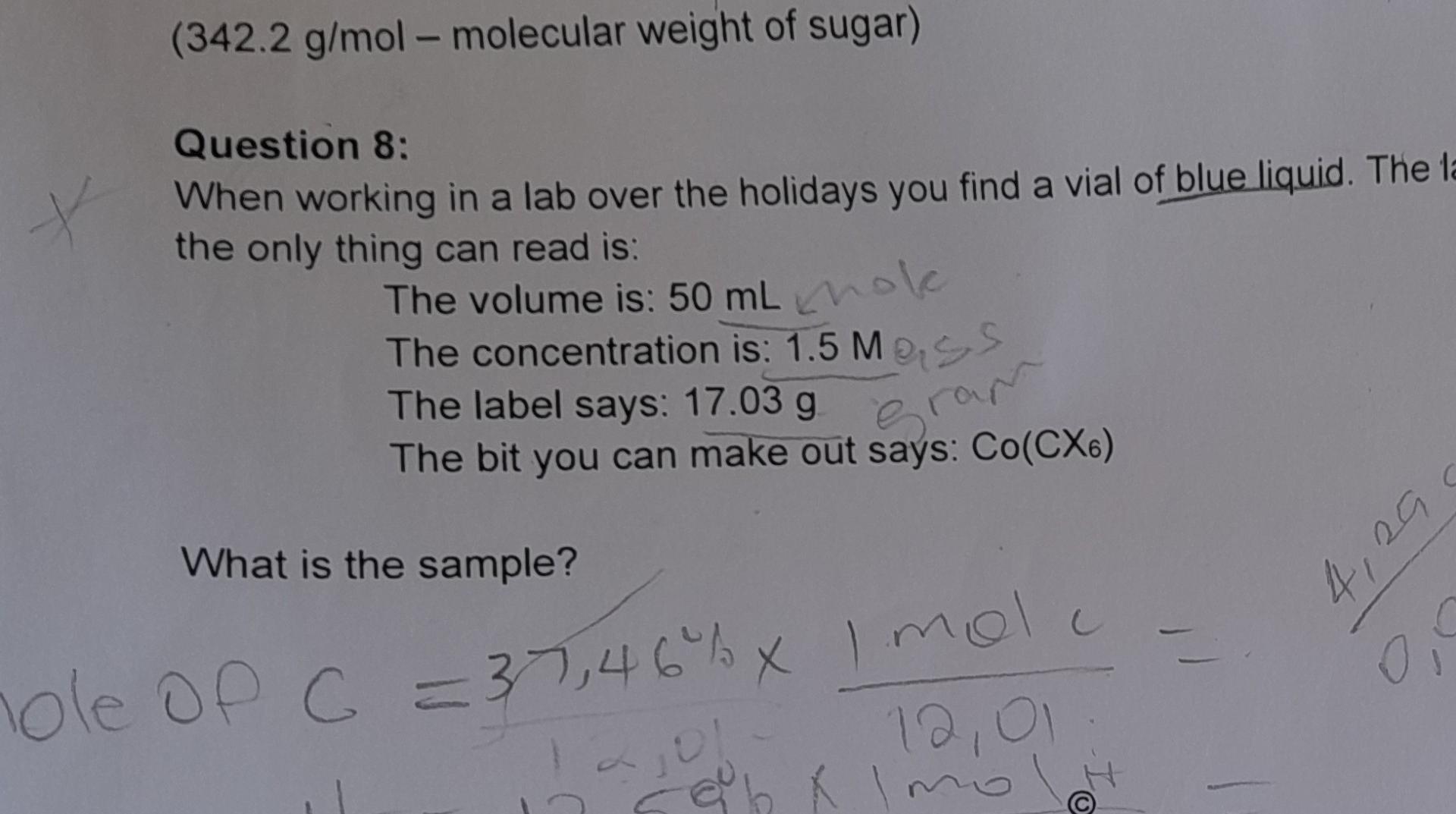 Solved (342.2 g/mol-molecular weight of sugar) Question 8: | Chegg.com