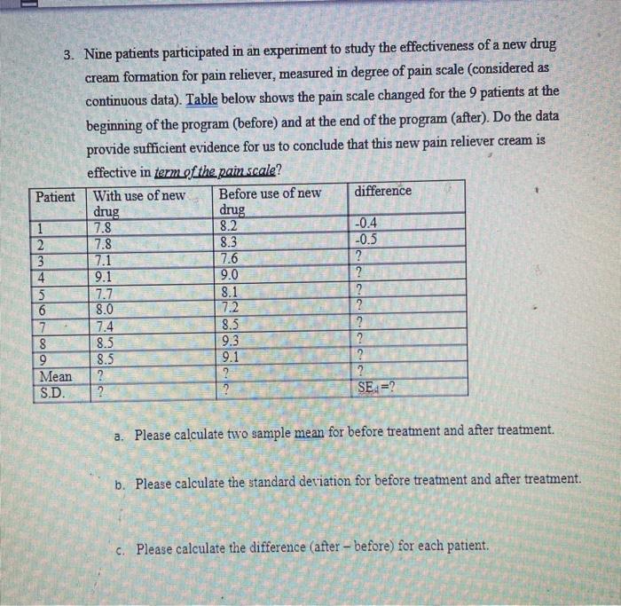 Solved 3. Nine patients participated in an experiment to | Chegg.com