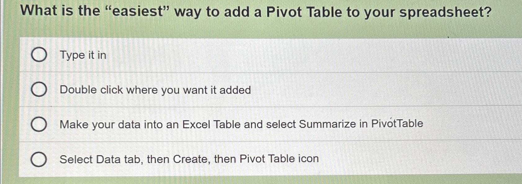 Solved What is the "easiest" way to add a Pivot Table to | Chegg.com