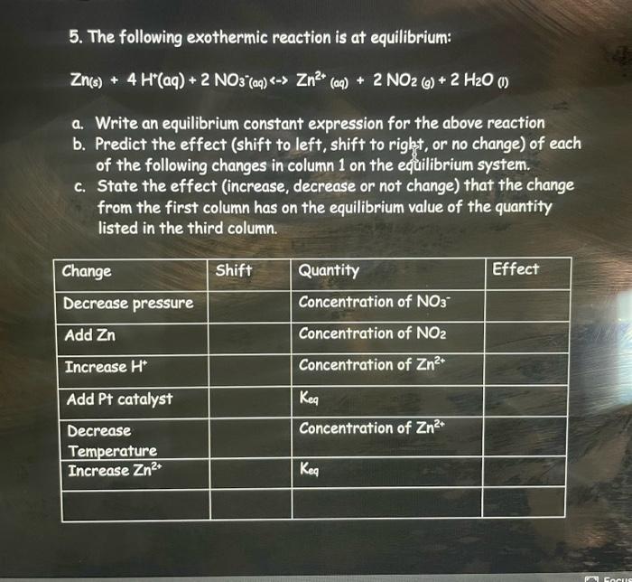 Solved 5. The following exothermic reaction is at | Chegg.com
