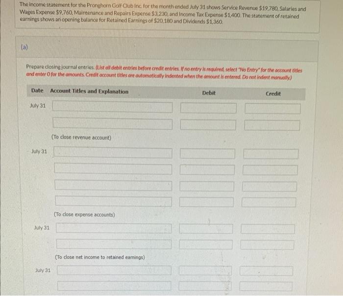 Solved The income statement for the Pronghom Golf Club inc | Chegg.com