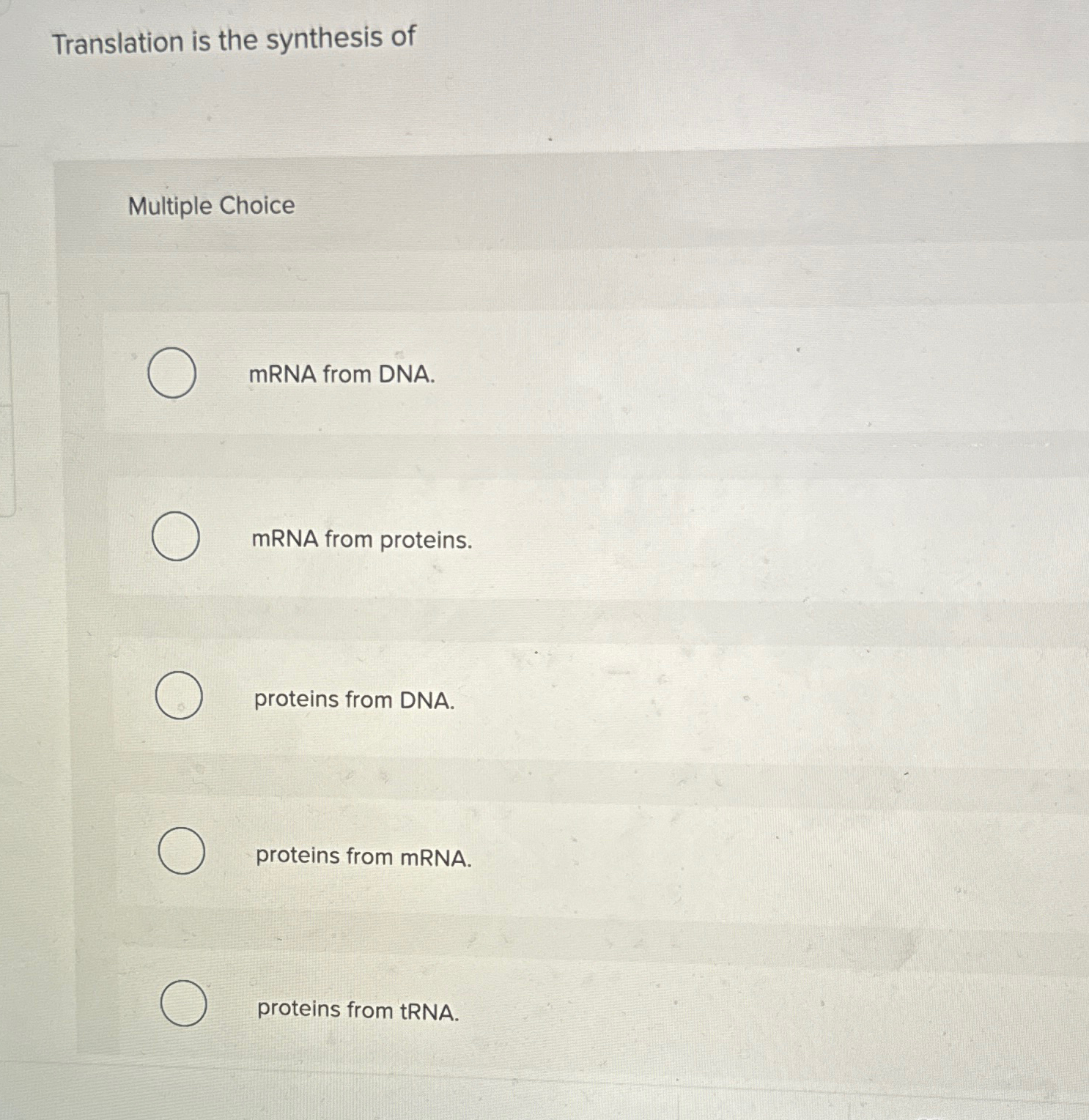 Solved Translation is the synthesis ofMultiple ChoicemRNA | Chegg.com