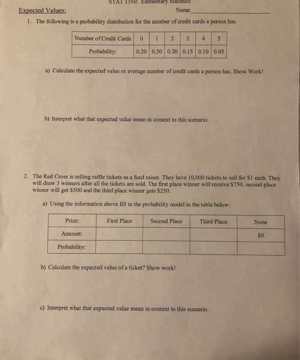Solved STAT 1500: Elementary Statistics Expected Values: | Chegg.com
