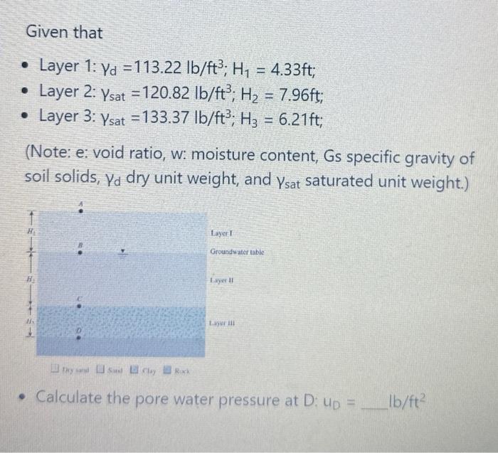 Solved Given that Layer 1: Ya 113.22 lb/ft³3; H₁ = 4.33ft; • | Chegg.com