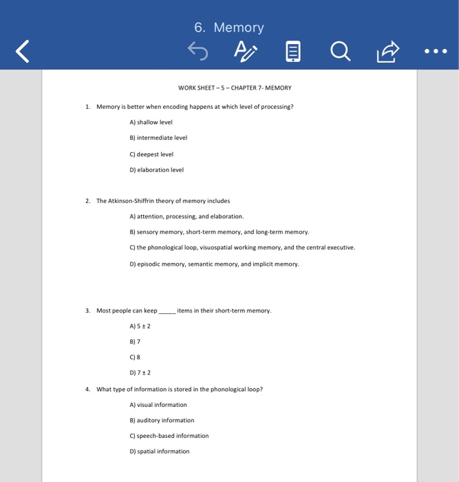 Solved 6. Memory 5 Apa ... WORK SHEET - 5 - CHAPTER 7- | Chegg.com