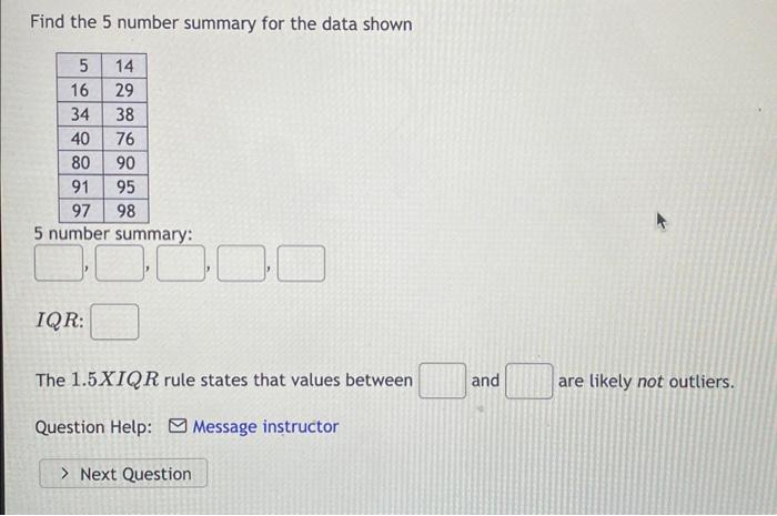 Solved Find the 5 number summary for the data shown 5 number | Chegg.com