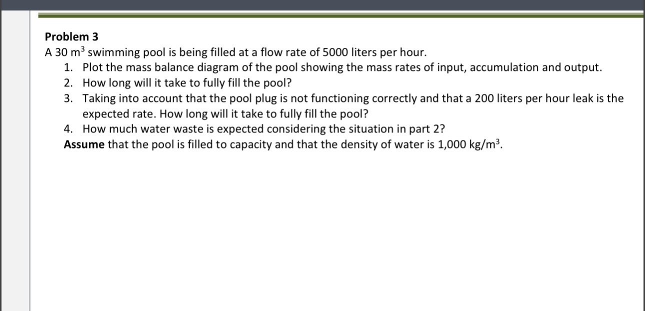 Solved Problem 3A 30m3 ﻿swimming pool is being filled at a | Chegg.com
