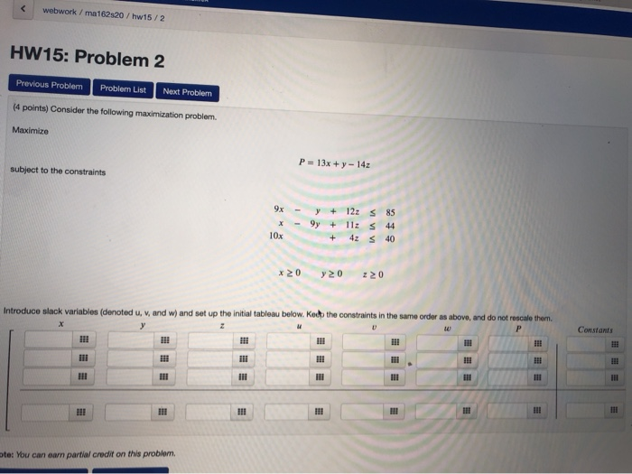 Solved webwork/ma162520/ hw15/2 HW15: Problem 2 Previous | Chegg.com