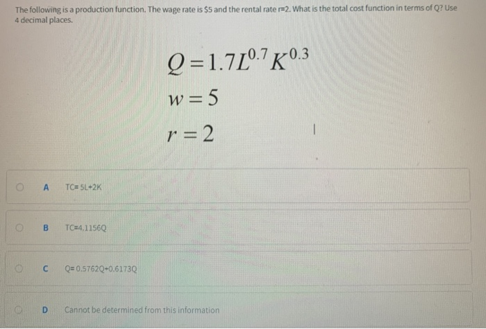 Solved The following is a production function. The wage rate | Chegg.com