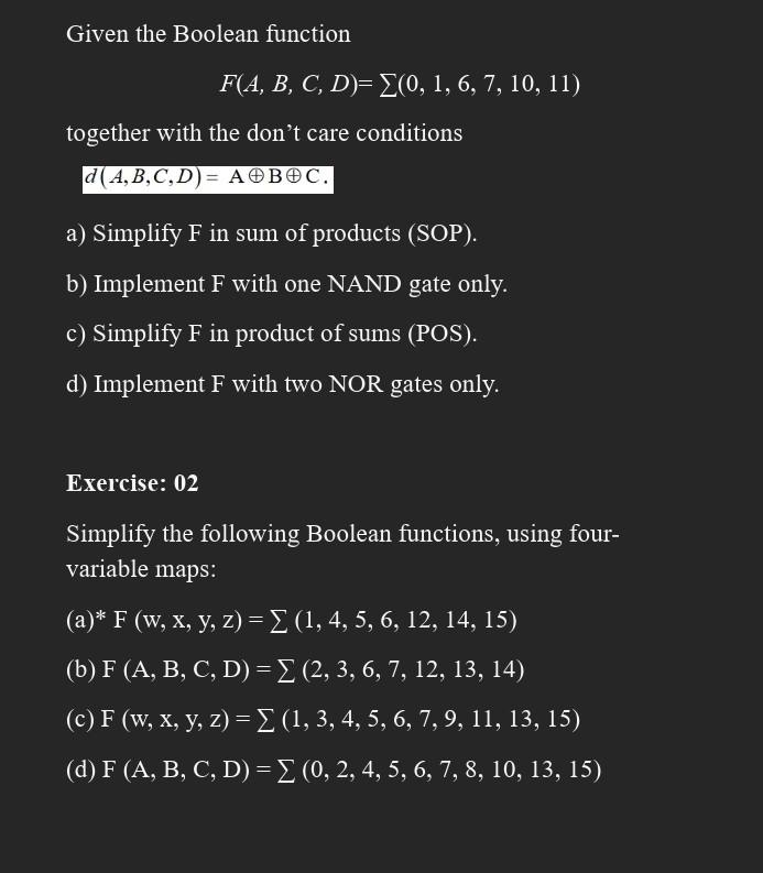 Solved Given The Boolean Function