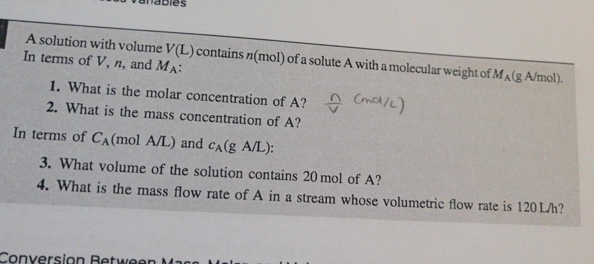 Solved A solution with volume V( L) contains n (mol) of a | Chegg.com