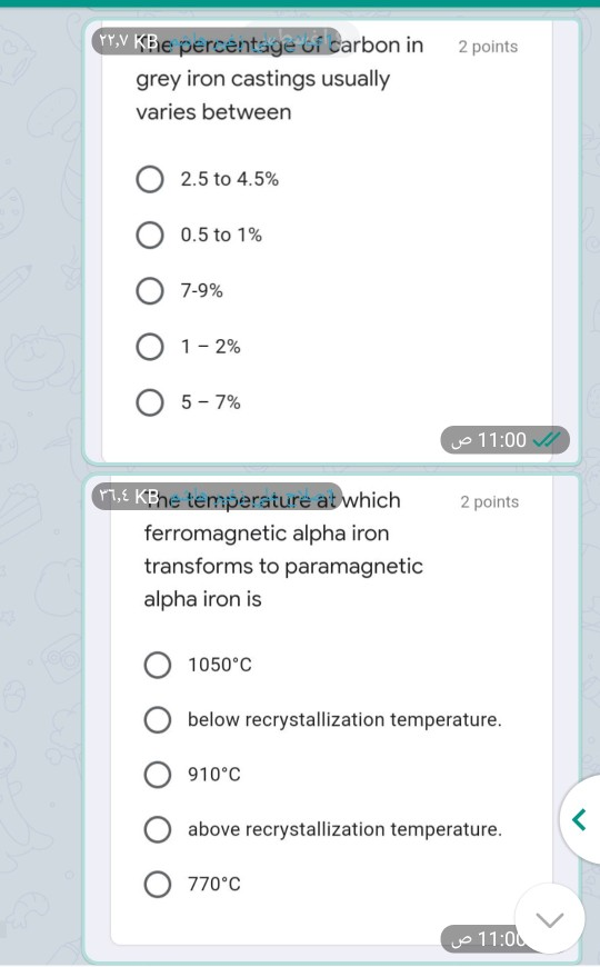 Solved 8 أغسطس زال ۳۰,1KB) 2 points Delta iron occurs at | Chegg.com