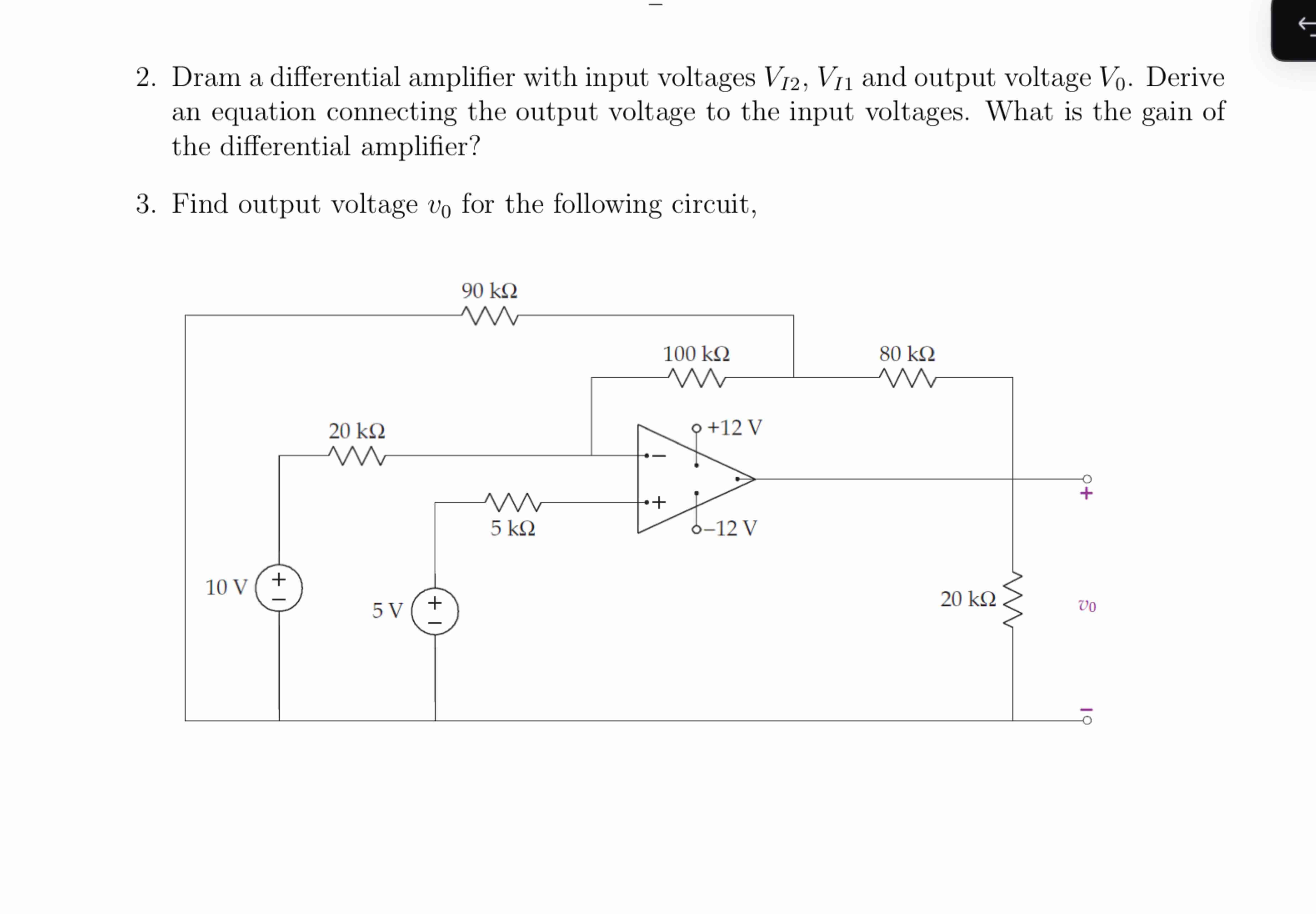 Solved Dram a differential amplifier with input voltages | Chegg.com