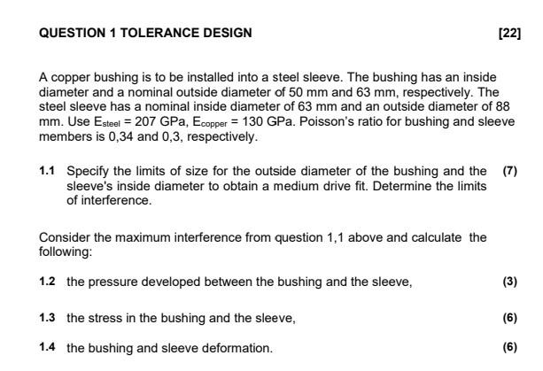 Solved QUESTION 1 TOLERANCE DESIGN [22] A copper bushing is | Chegg.com